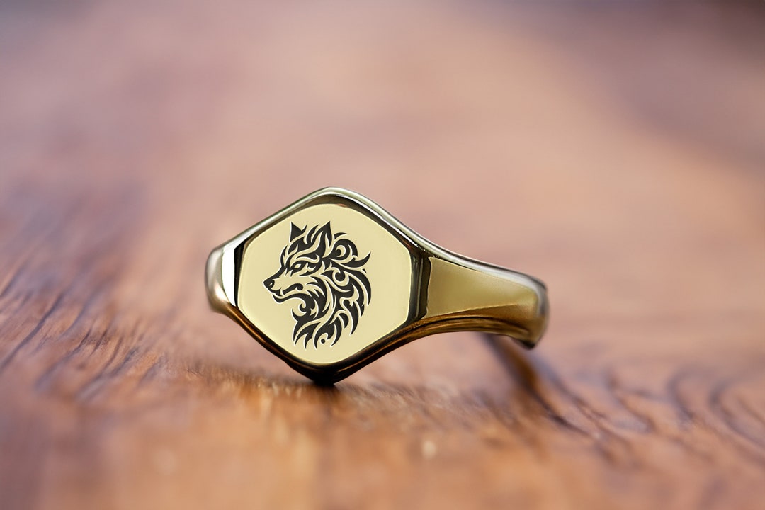 14k Gold Wolf Signet Ring · Engraved Wolf Ring · Hexagon Shaped Ring ...