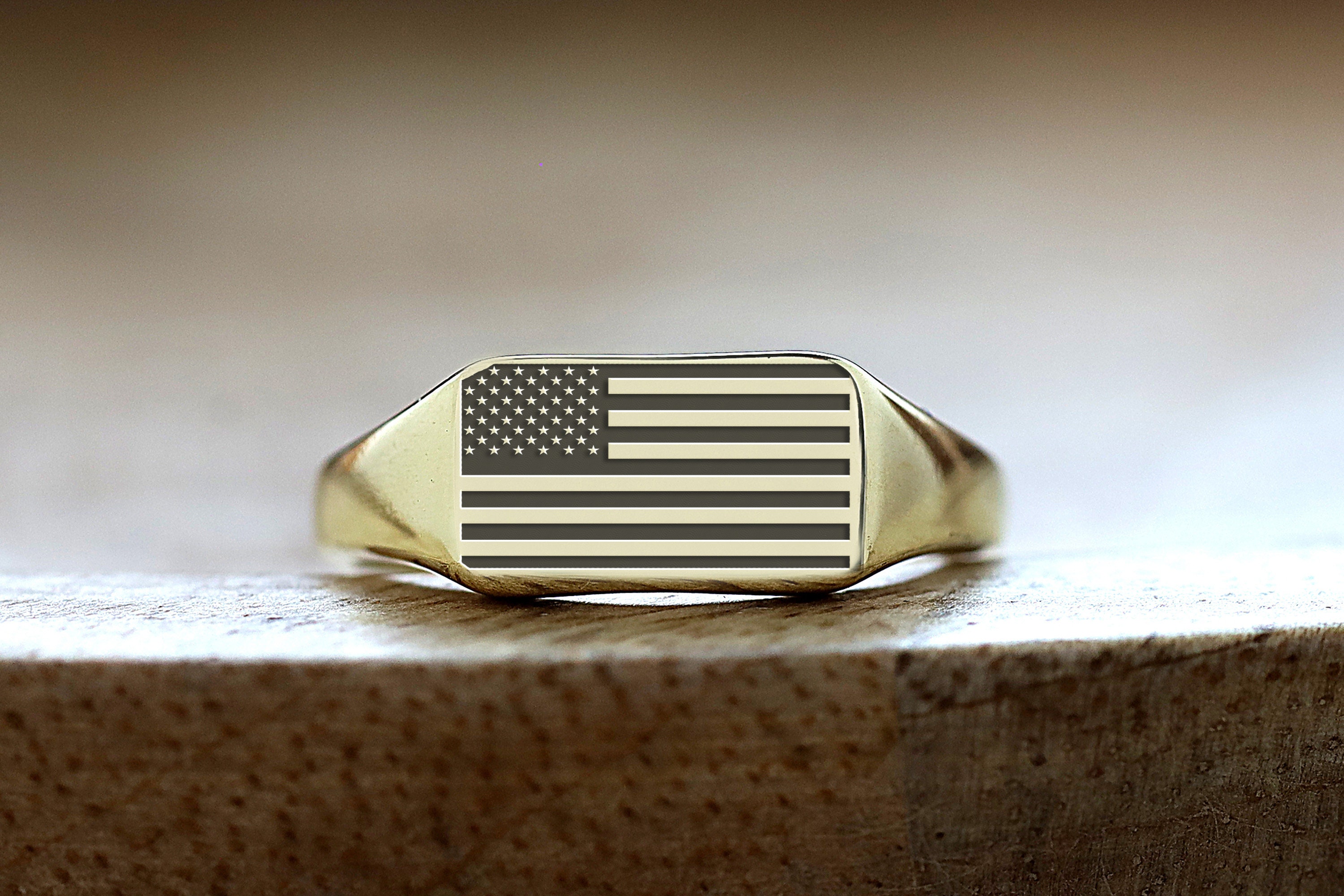 USA Flag Gold Signet Ring Engraved USA Ring Custom Flag Ring ...