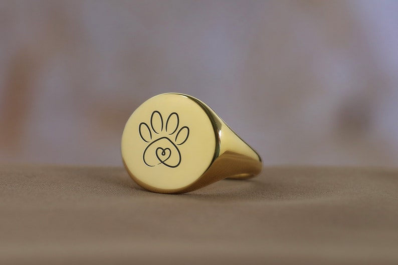 Engraved Dog Paw Ring 14k Gold Dog Paw Signet Ring Bold Statement Ring ...