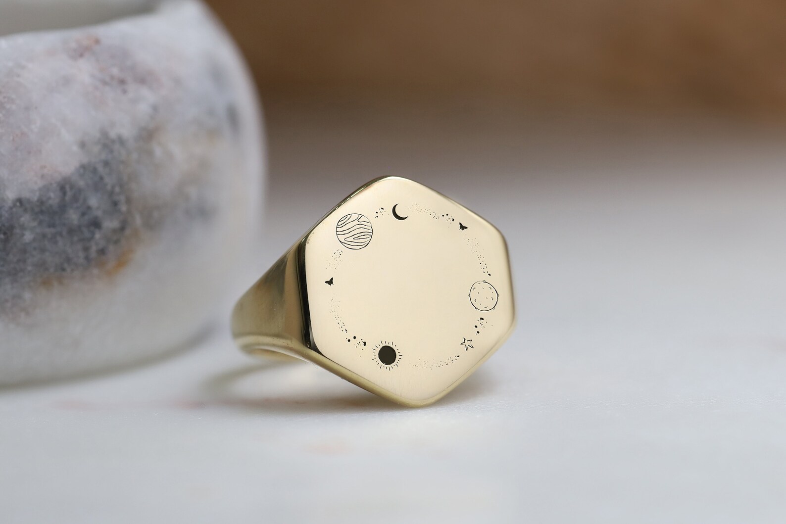 14k Gold Space Signet Ring · Engraved Stars Ring · Hexagon Shaped Ring ...