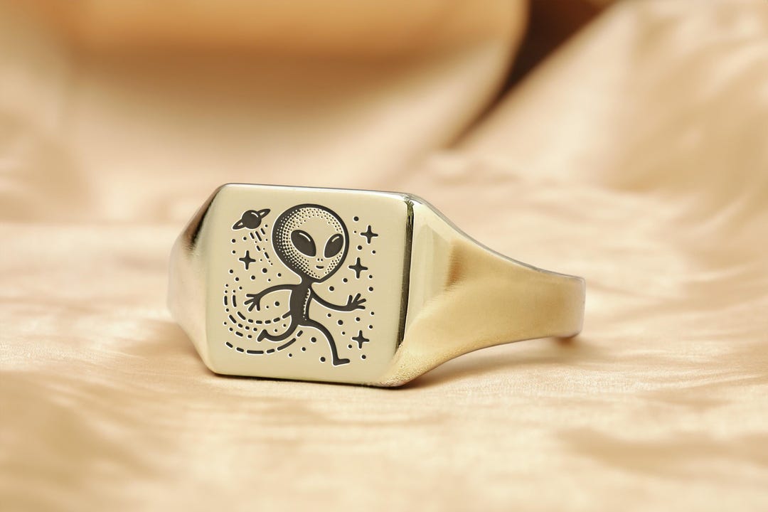 14k Gold Alien Signet Ring · Alien Engraving Ring · Square Shaped Ring ...