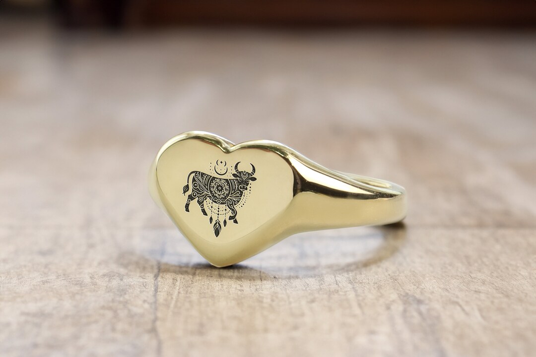 Engraved Cow Signet Ring · Custom Cow Ring · Heart Shaped Ring · Gold ...