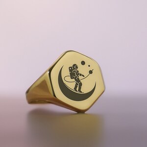 14k Gold Astronaut Signet Ring · Engraved Space Ring · Hexagon Shaped ...