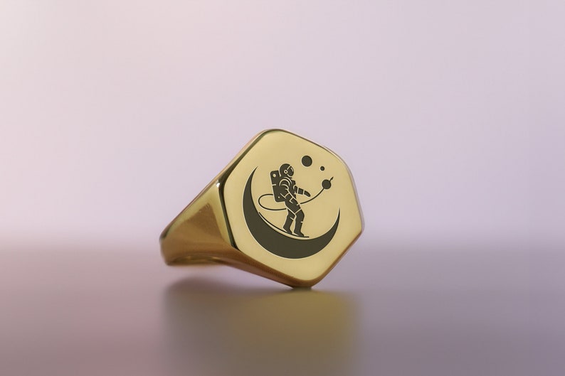 14k Gold Astronaut Signet Ring · Engraved Space Ring · Hexagon Shaped ...
