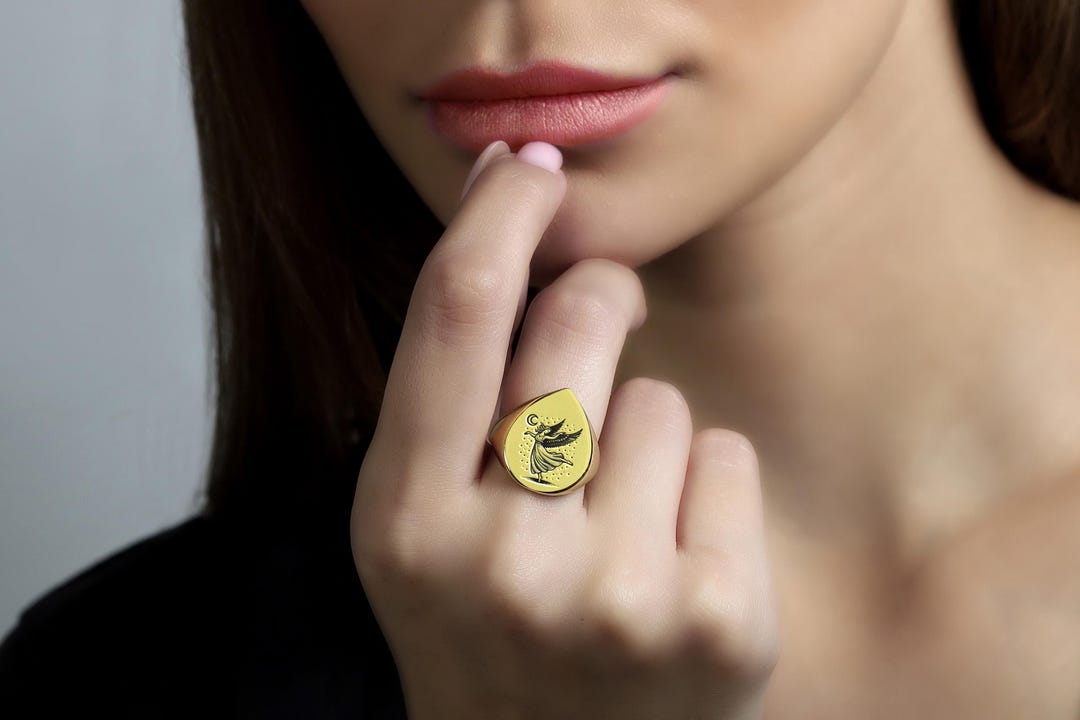 14k Gold Angel Signet Ring · Hand Drawn Dot Art Ring · Custom Angel ...