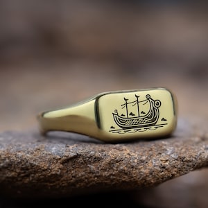 Viking Boat Engraved Ring · 14k Gold Vikings Signet Ring · Custom Boat ...