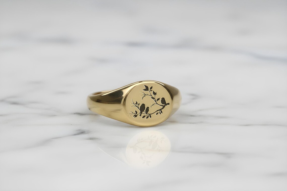 14k Bird Signet Ring · Engraved Bird Ring · Animal Jewelry · Cute Ring ...