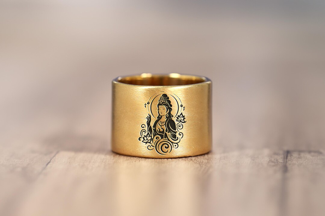 Guanyin Wide Gold Ring · Traditional Chinese Ring · Custom Kuan Yin ...