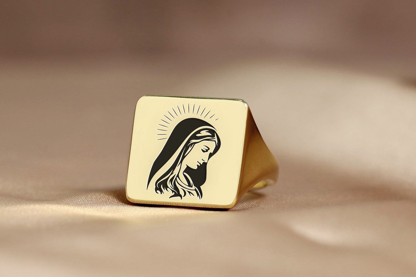 14k Gold Virgin Mary Signet Ring · Unisex Mother Mary Ring ...