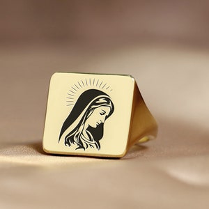14k Gold Virgin Mary Signet Ring · Unisex Mother Mary Ring ...