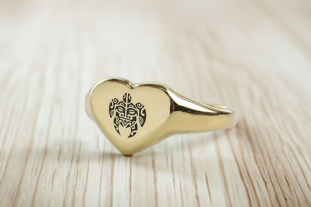 Gold Tribal Turtle Signet Ring · Custom Sea Animal Ring · Heart Shaped ...