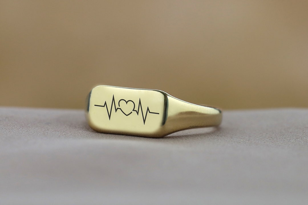 14k Gold Heart Beat Line Signet Ring · Engraved EKG Line Ring · Custom ...