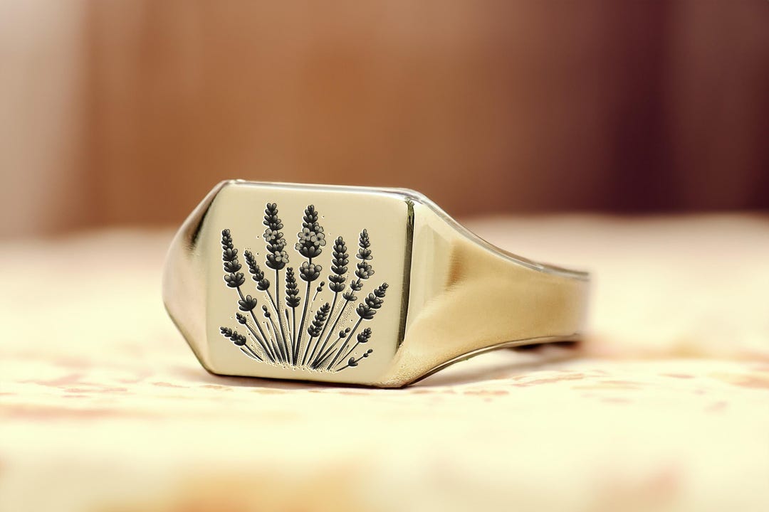 14k Gold Lavender Signet Ring · Engraved Lavender Ring · Square Shaped ...