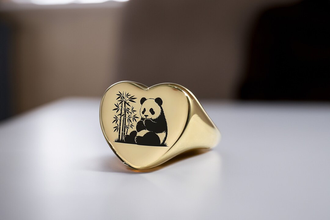 Heart-shaped Panda Signet Ring · Engraved Panda Ring · Custom Panda ...