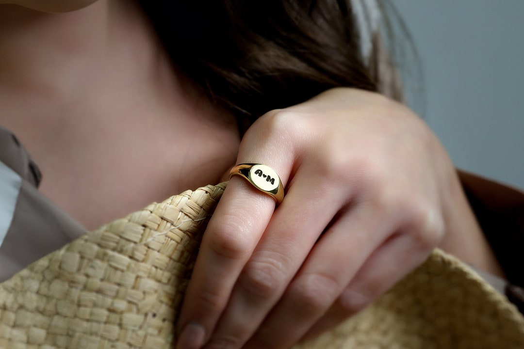 Anniversary Gold Signet Ring · 14k Gold Initials Ring · Romantic Gift ...