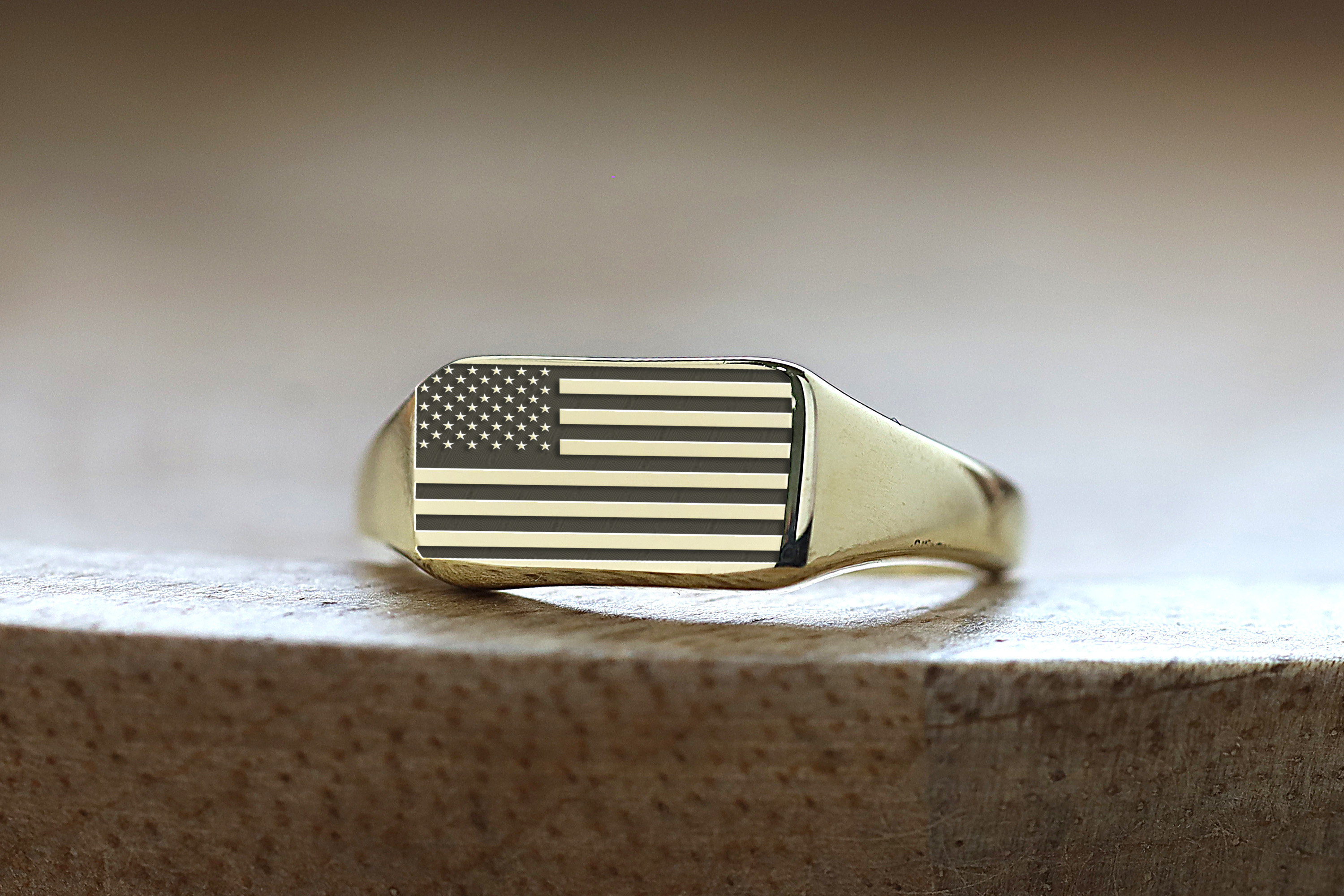 USA Flag Gold Signet Ring Engraved USA Ring Custom Flag Ring ...