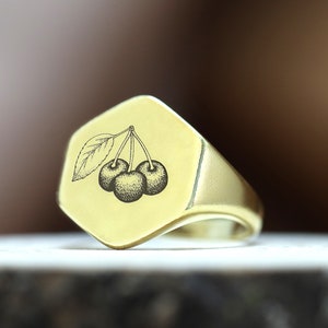 14k Gold Cherry Ring · Fruits Engraving Ring · Gift for Her · Hexagon ...