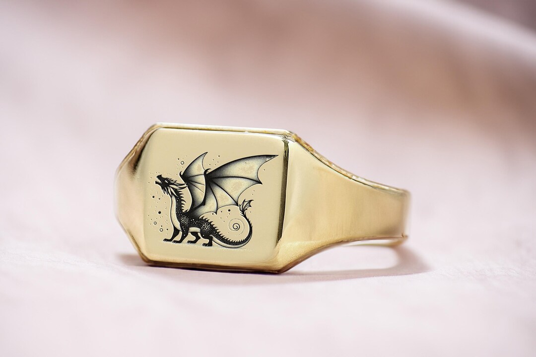 14k Gold Dragon Signet Ring · Fantasy Jewelry · Engraved Dragon Ring ...