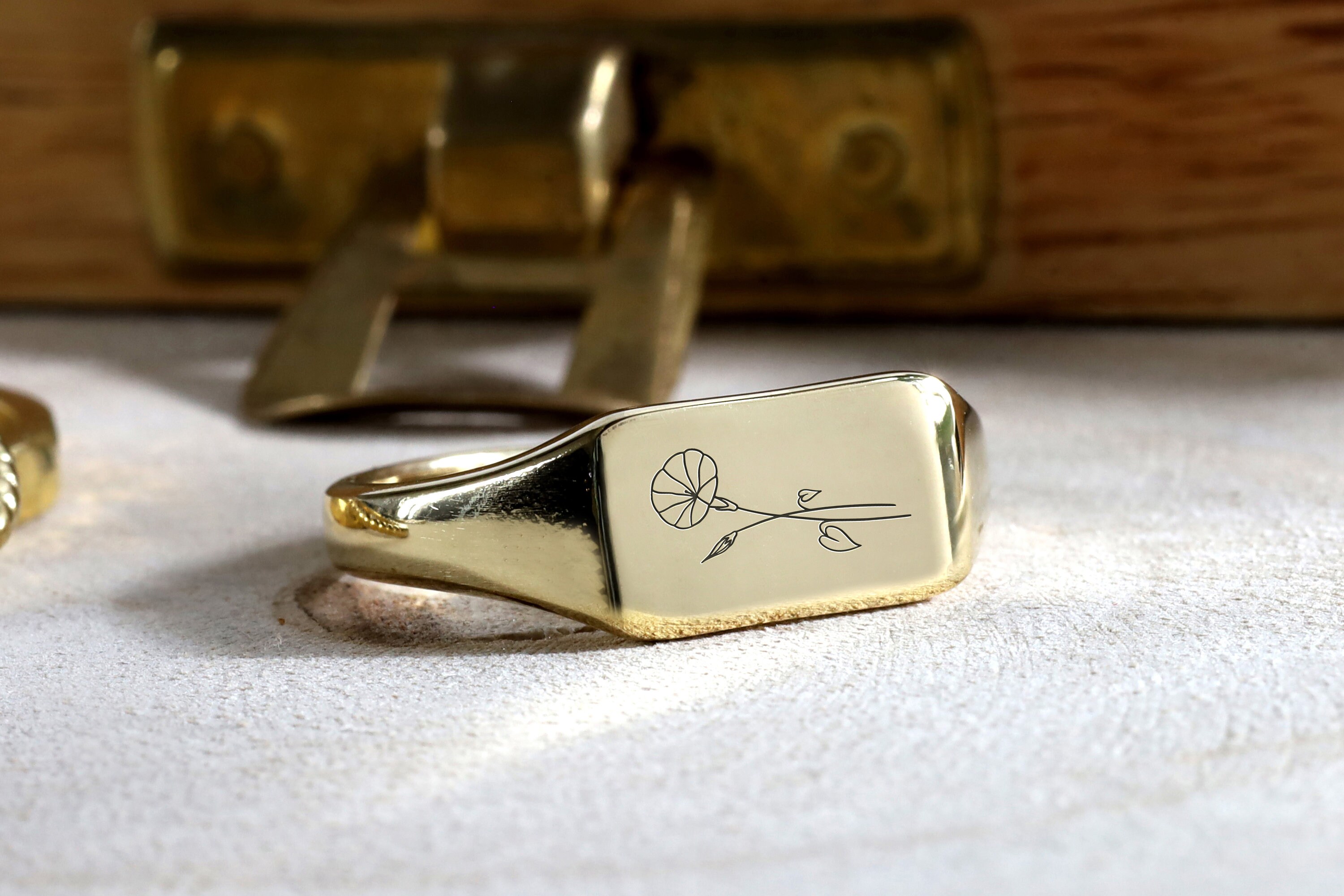 14k Gold Birth Flower Ring · Engraved Birth Flower Ring · Birth Month ...