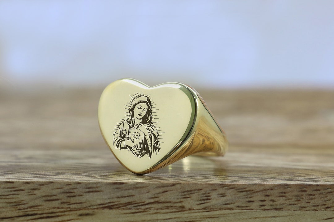 Engraved Virgin Mary Ring · Mary Signet Ring · Heart Shaped Ring ...