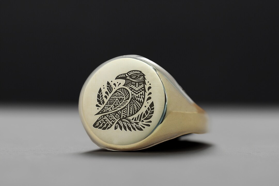 14k Gold Crow Signet Ring · Engraved Crow Ring · Bold Statement Ring ...