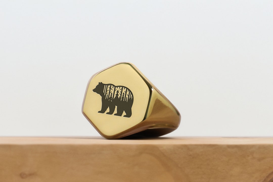 14k Gold Forest Bear Signet Ring · Engraved Bear Ring · Hexagon Shaped ...