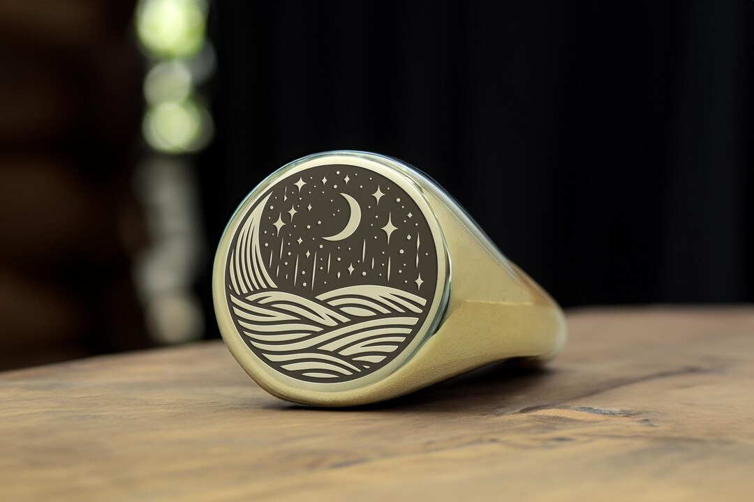 14k Gold Celestial Signet Ring · Custom Night Sky Ring · Nature Ring ...