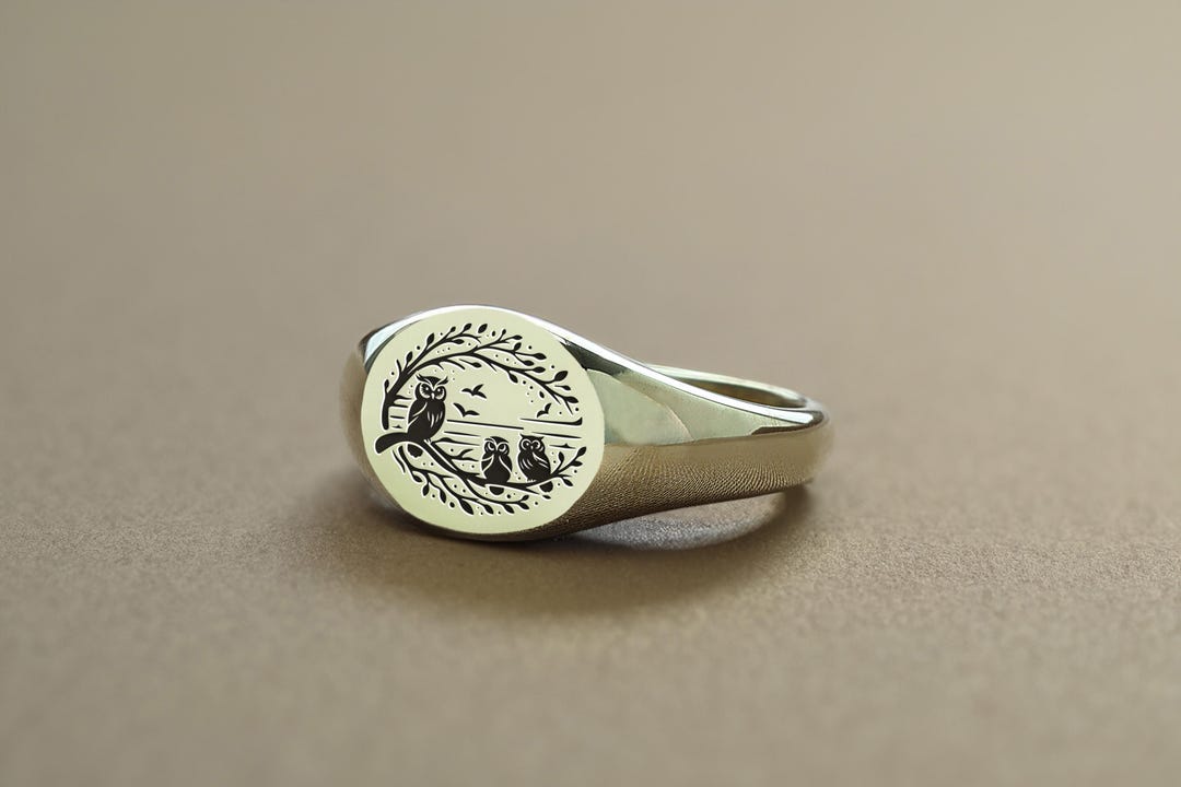 Engraved Owls Signet Ring · Custom Birds Ring · Round Shaped Ring · Owl ...