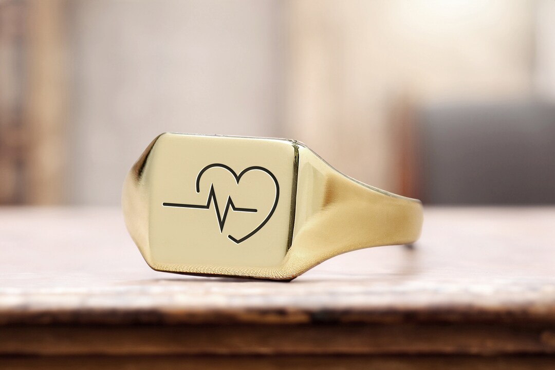Engraved Heartbeat Signet Ring · Custom Heartbeat Ring · Couples Ring ...