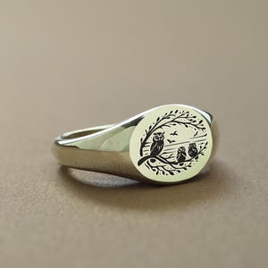 Engraved Owls Signet Ring · Custom Birds Ring · Round Shaped Ring · Owl ...