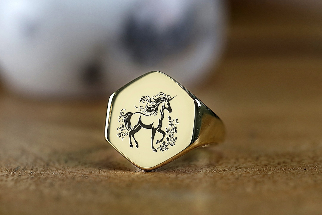 14k Gold Unicorn Signet Ring · Gold Unicorn Ring · Hexagon Shaped Ring ...