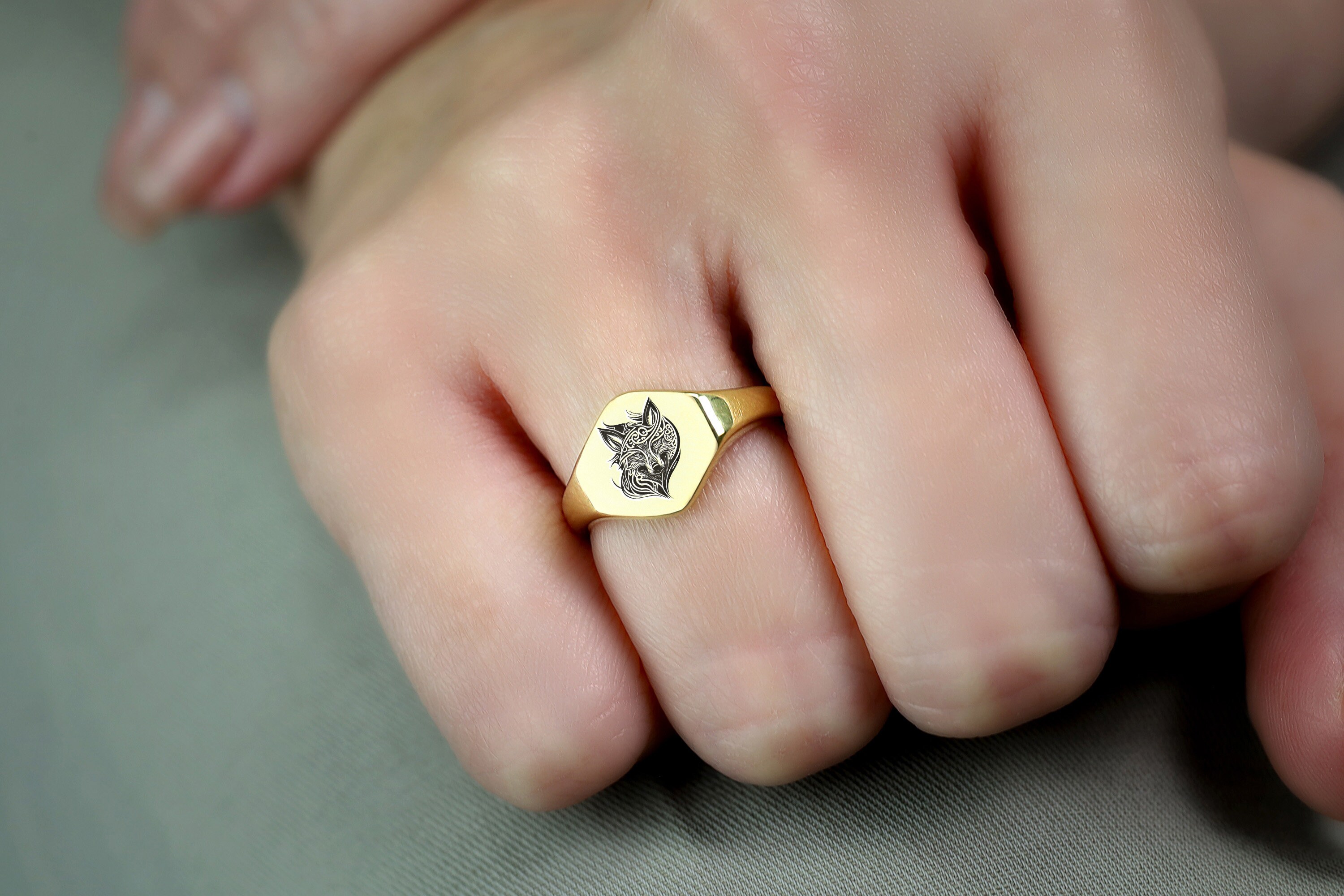 Wolf Engraved Ring · 14k Gold Wolf Ring · Custom Wolf Ring · Hexagon ...