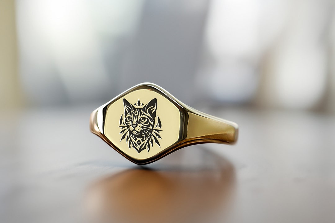 Tribal Cat Signet Ring · Gold Cat Ring · Custom Cat Ring · Hexagon ...