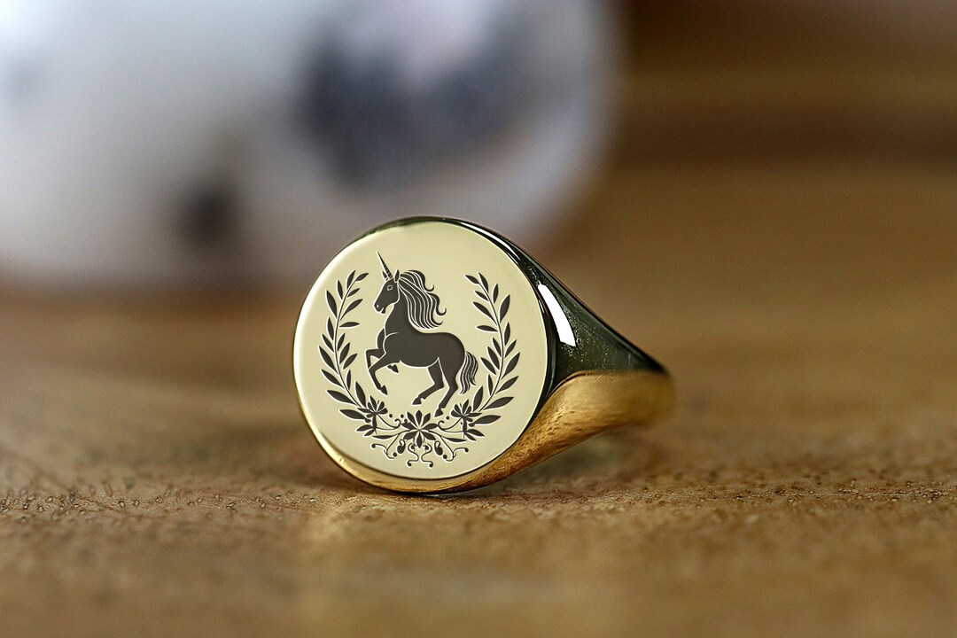 14k Gold Engraved Unicorn Ring · Unicorn Signet Ring · Mythological ...