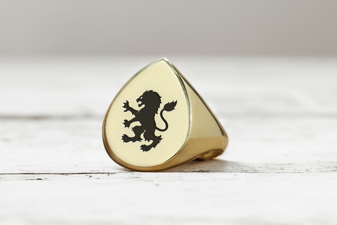 Heraldic Lion Engraved Ring · Custom Heraldry Ring · Pear Shaped Ring ...
