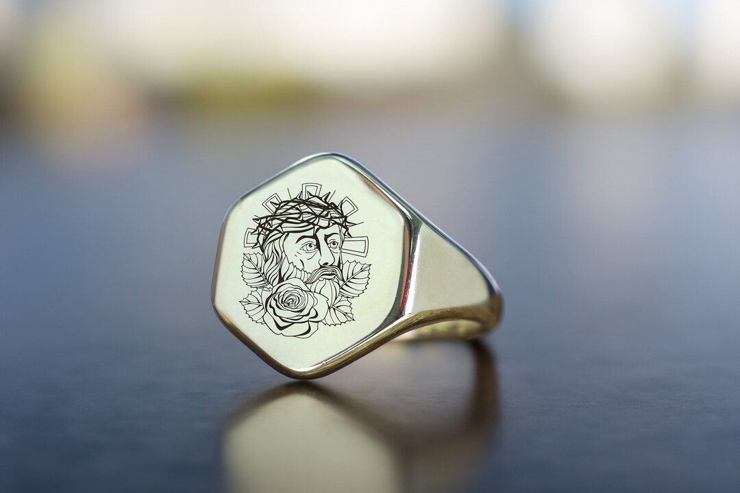 14k Gold Jesus Signet Ring · Chicano Jewelry · Unisex Ring · Hexagon ...