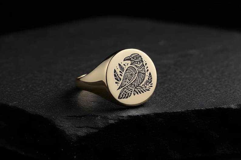 14k Gold Crow Signet Ring · Engraved Crow Ring · Bold Statement Ring ...