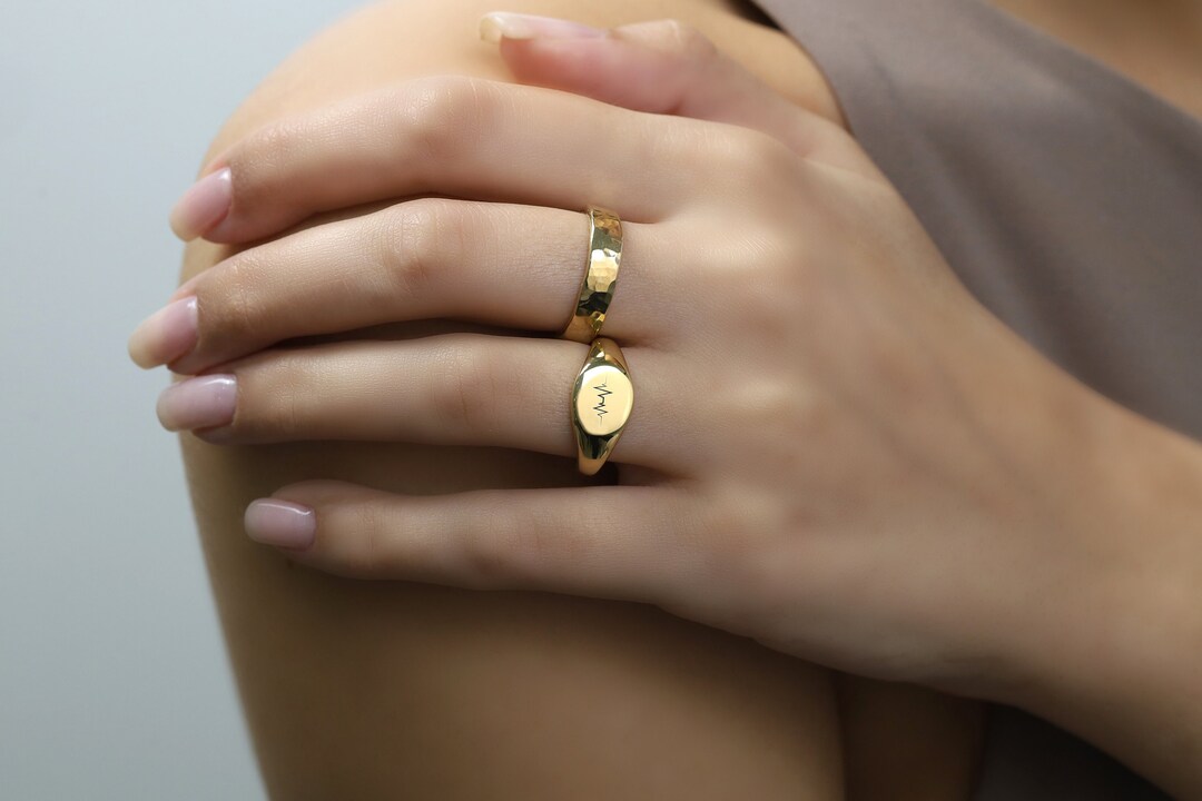 EKG Line Engraved Gold Signet Ring · 14k Gold Heart Beat Signet Ring ...