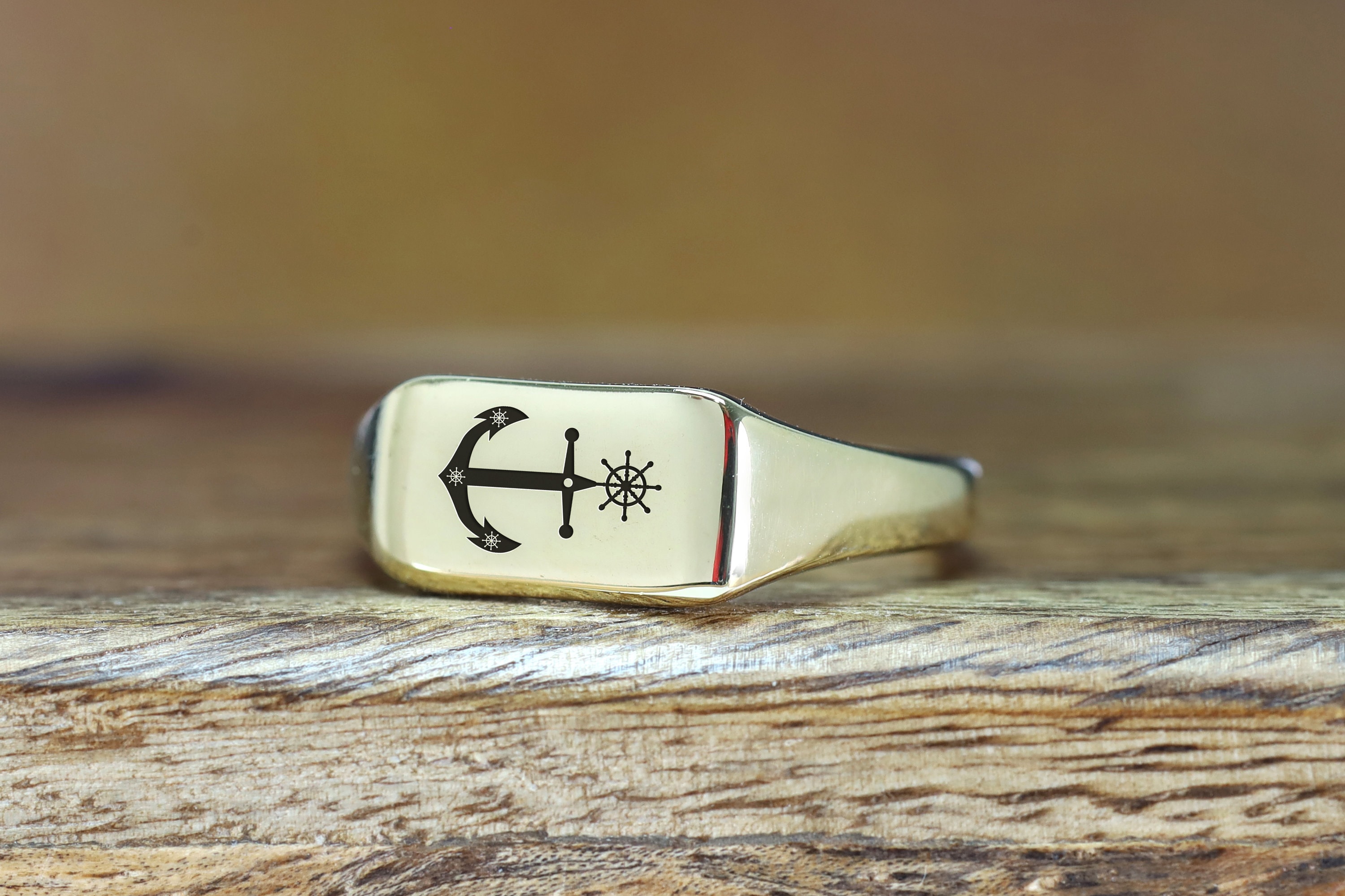 Gold Signet Anchor Ring Engraved Anchor Ring Sailor's Jewelry Rectangle ...