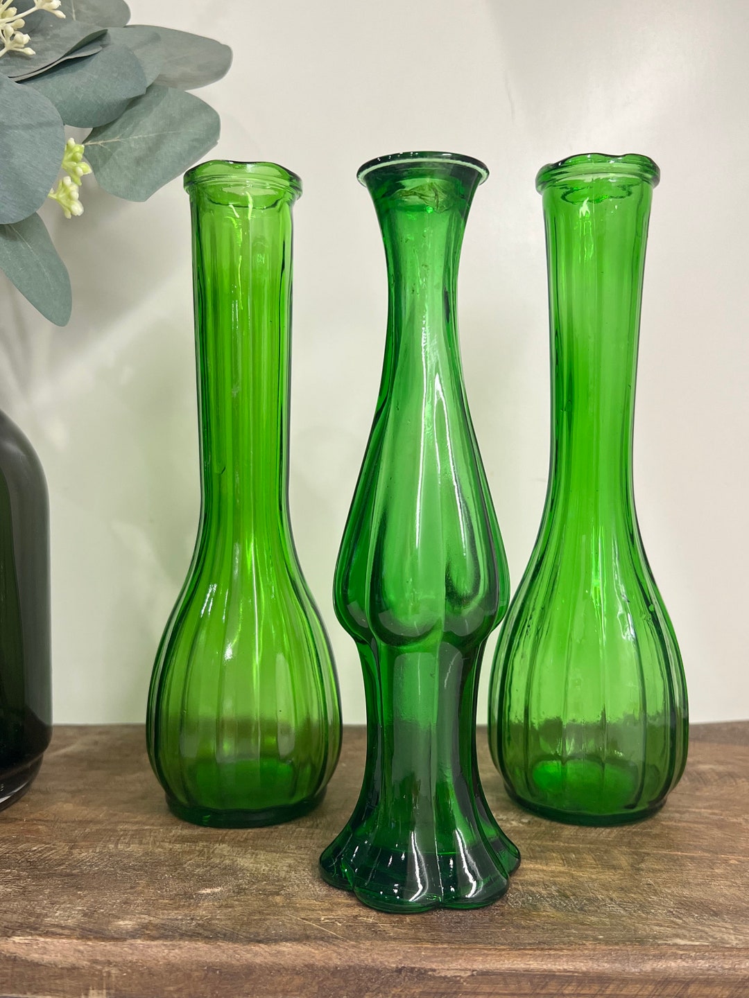 Set of 3 Vintage Green Glass Ribbed Stem Vases | Green Centerpieces - Etsy