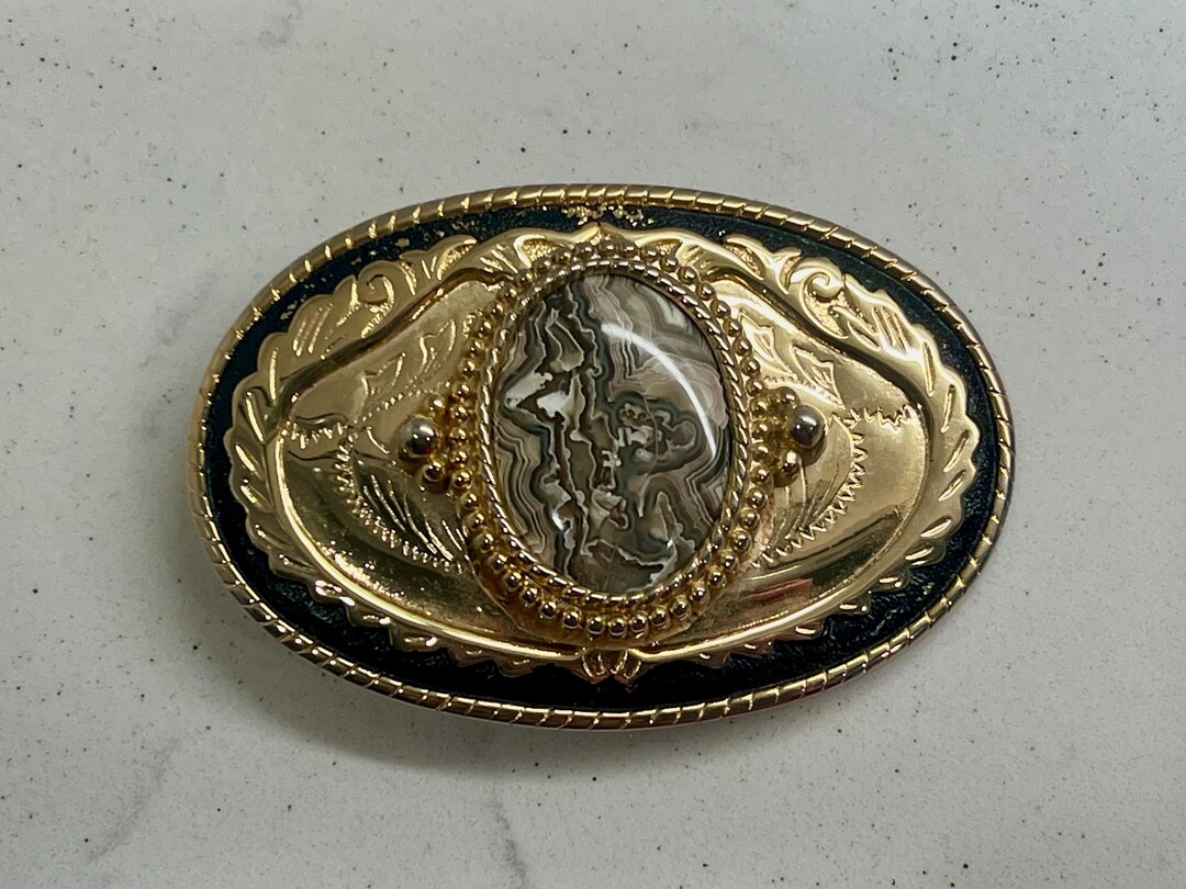 Classic Western Gold Belt Buckle With Oval Jasper Stone Mount Vintage ...
