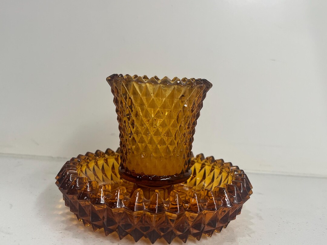 Vintage Indiana Glass Amber Diamond Point Candle Holder With Votive Cup ...
