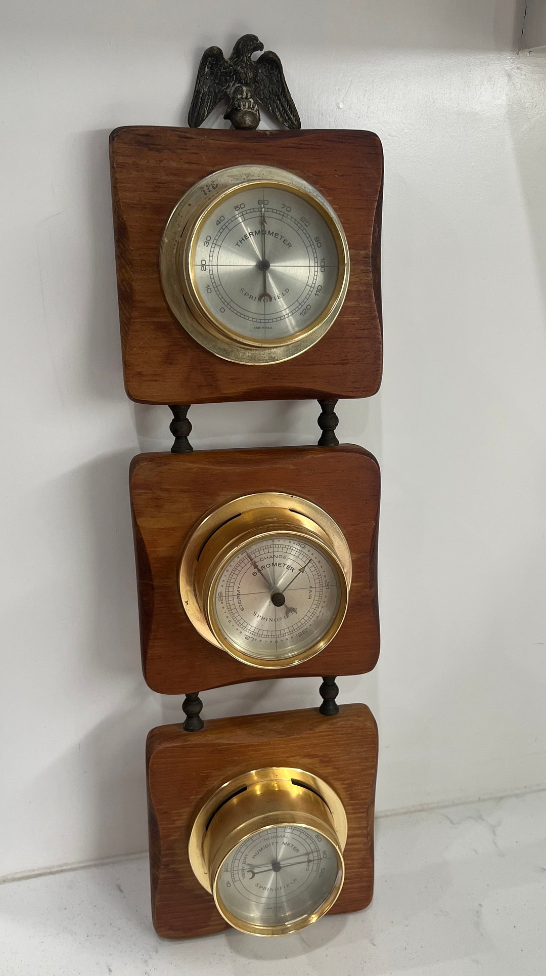 Vintage Springfield Eagle Pine Wood Hanging Weather Station Hygrometer ...