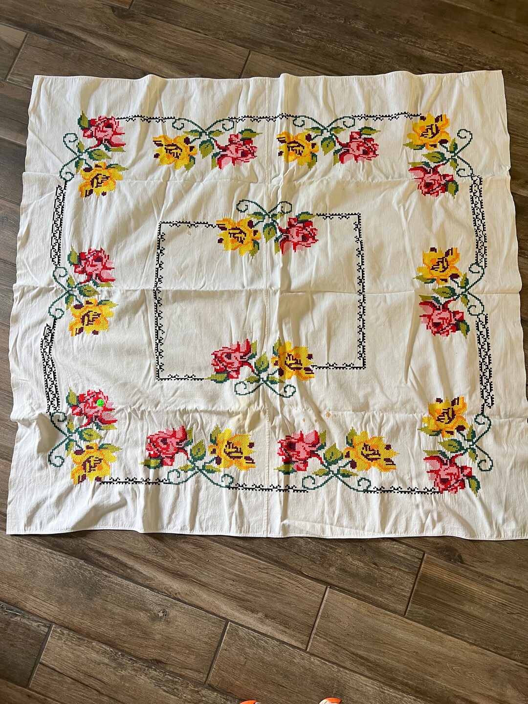Vintage Cross Stitch Embroidered Square Tablecloth Floral Design ...