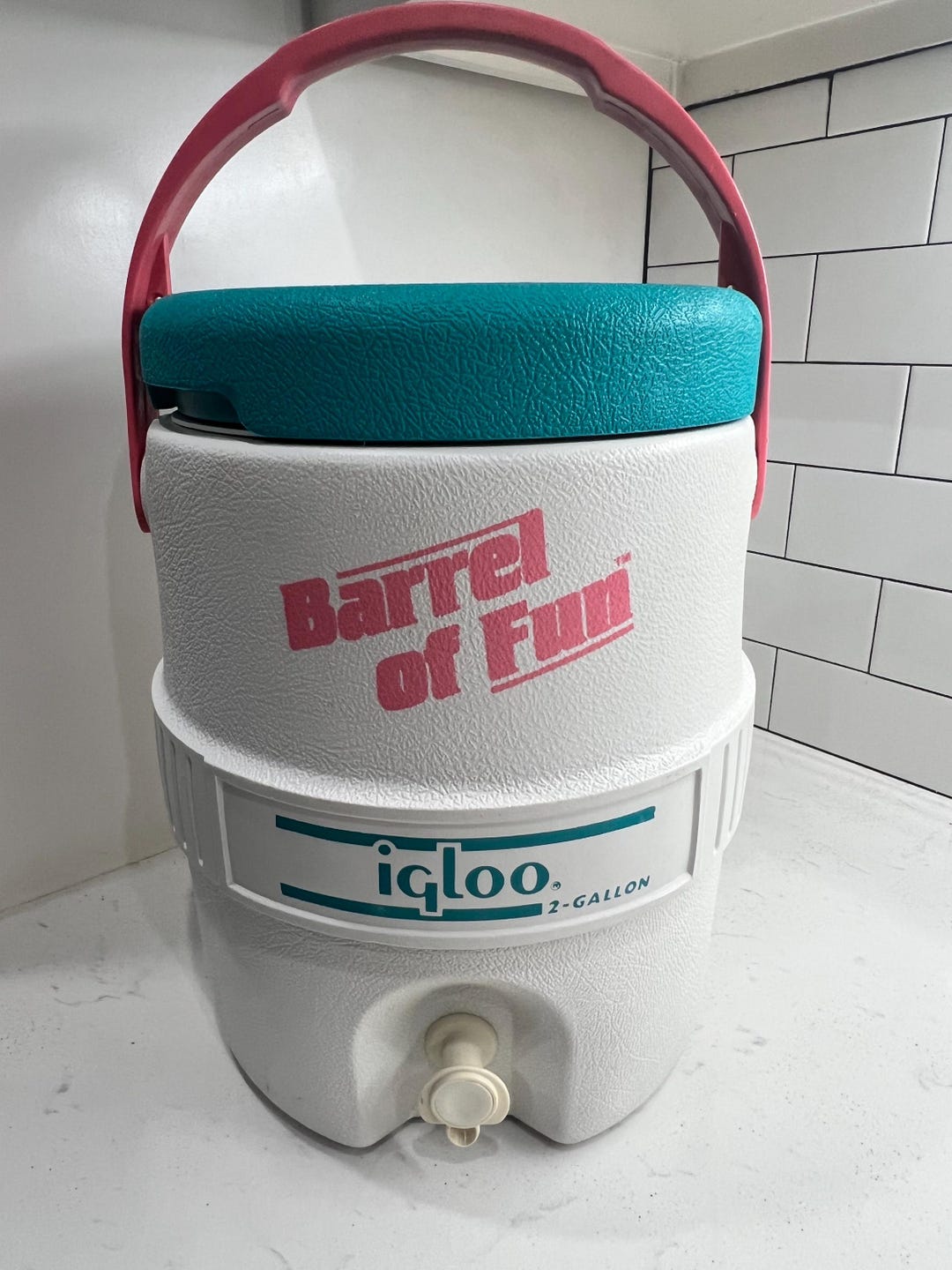 Vintage 90s Igloo 2 Gallon Barrel of Fun Blue Pink Dispenser Cooler ...