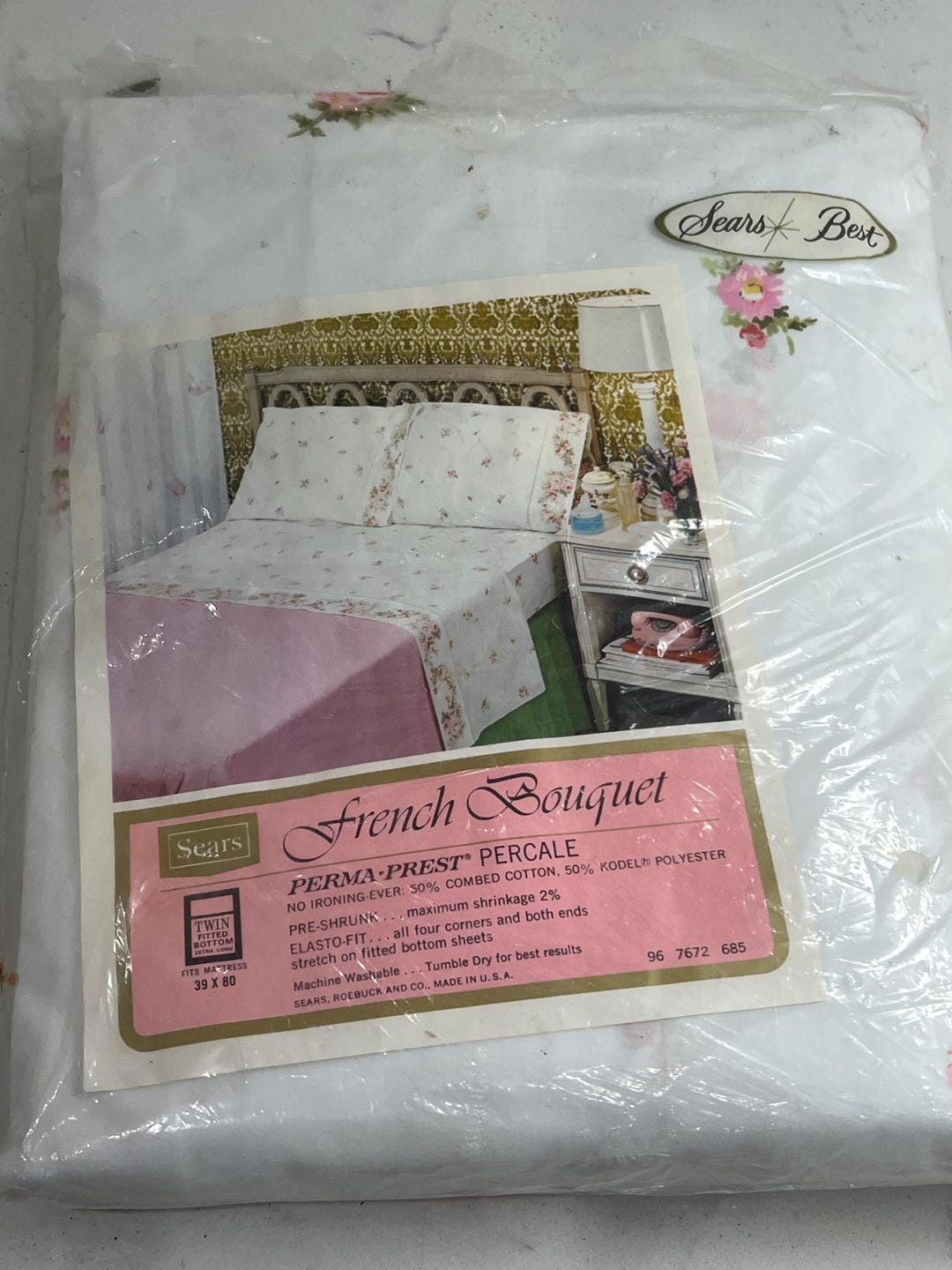 Vintage Sears Twin Fitted Sheet French Bouquet Pink Roses Perma Prest ...