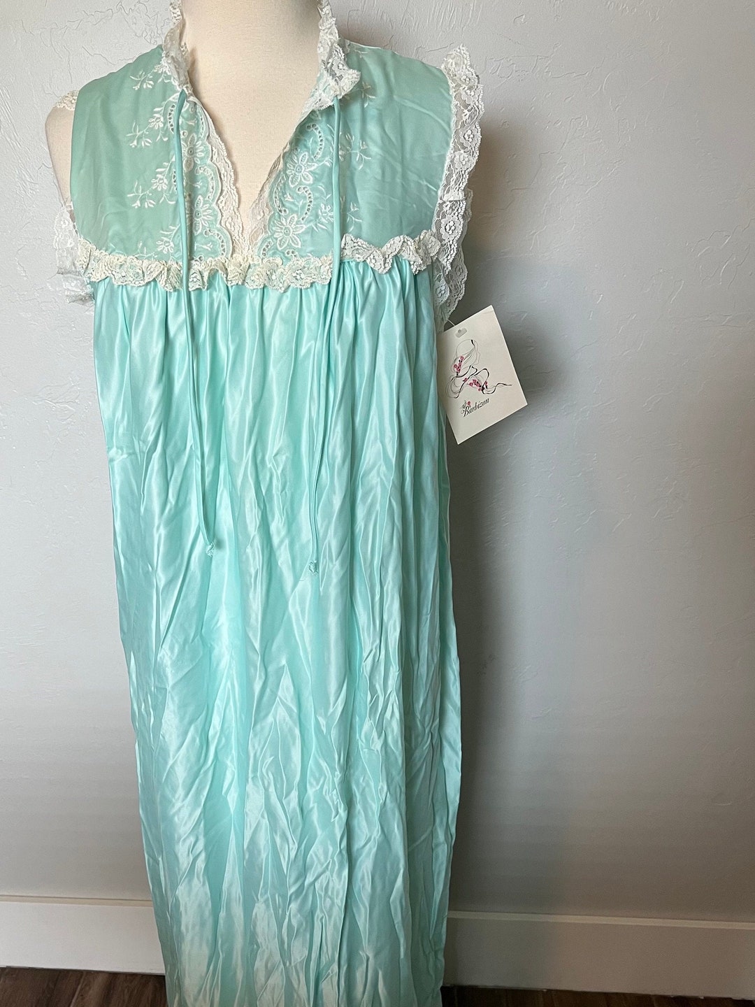 Vintage Barbizon New Blue Satin Remarque Nightgown With Lace Trim