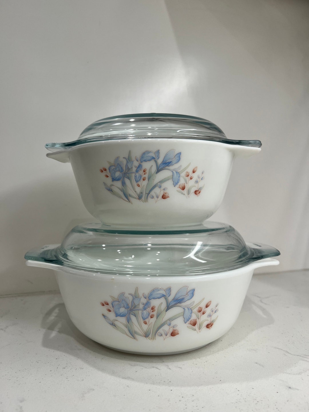 Pyrex Casserole Dishes Set of 2 Blue Iris Pattern With Matching Lids - Etsy