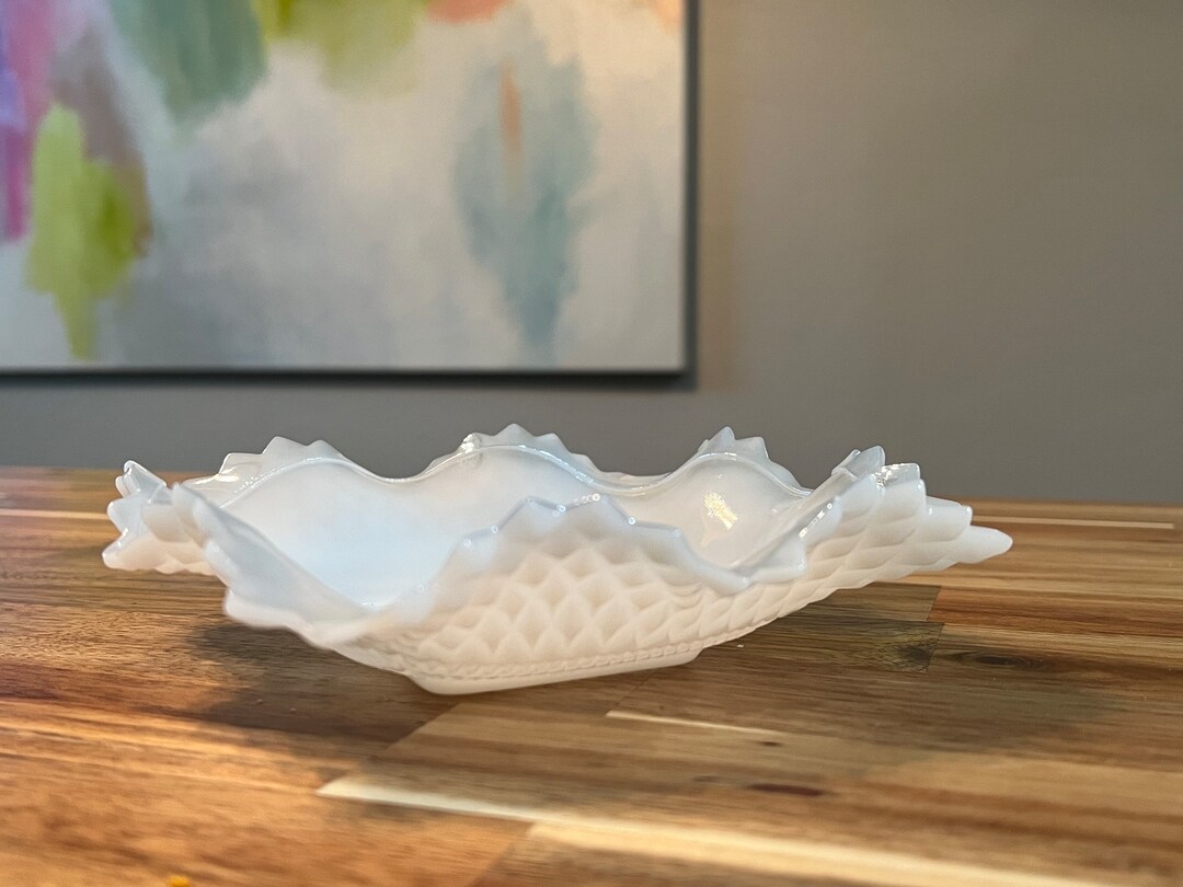 Vintage Fenton Irridescent Milk Glass Hobnail Ruffled Candy Dish Bowl ...