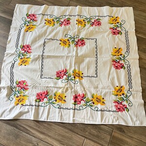 Vintage Cross Stitch Embroidered Square Tablecloth Floral Design ...